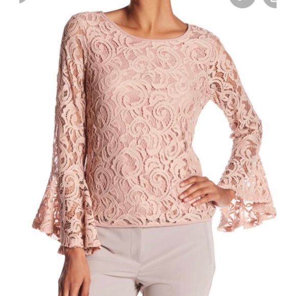 Adrianna Papell | Tops | Adrianna Papell Pink Lace Bell Sleeve Top ...